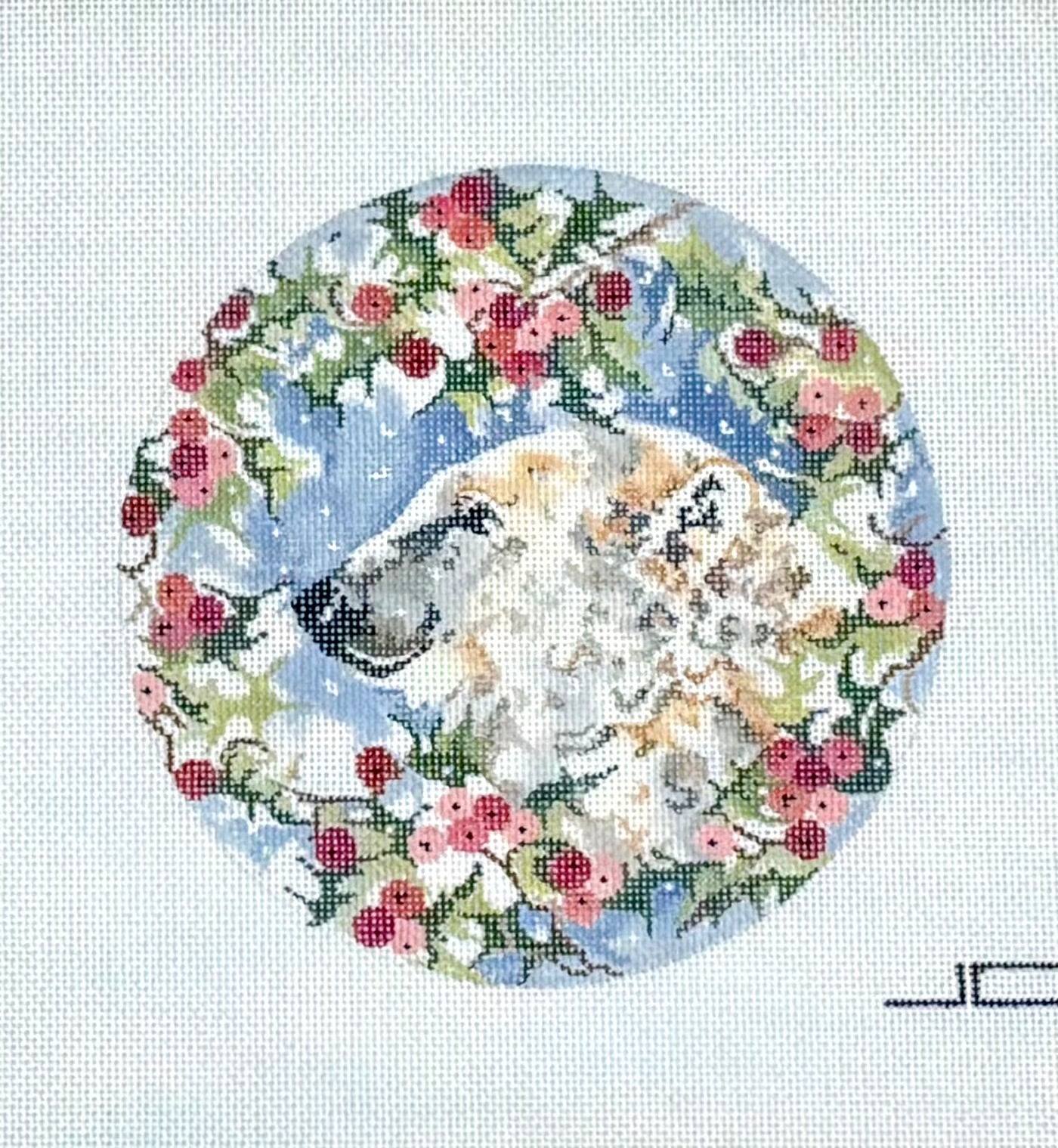 Joy Juarez Polar Bear in Holly Round – Barbara's Needlepoint