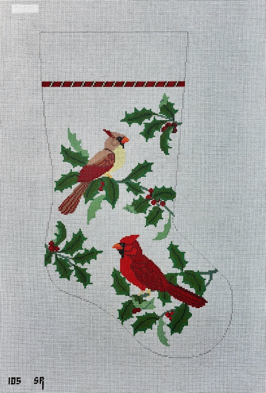 Susan Roberts Cardinals in Holly Stocking – Barbara's Needlepoint